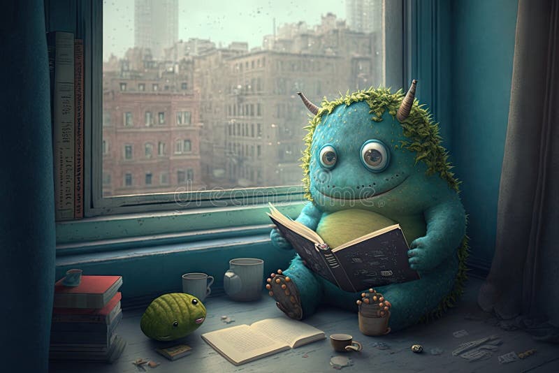 Cute Monster Sits on Windowsill, Reading Book with View of the Outside ...