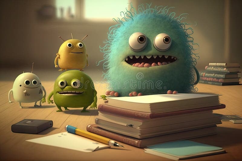 Cute Monster Studies for Important Test, with Books and Notepad on ...