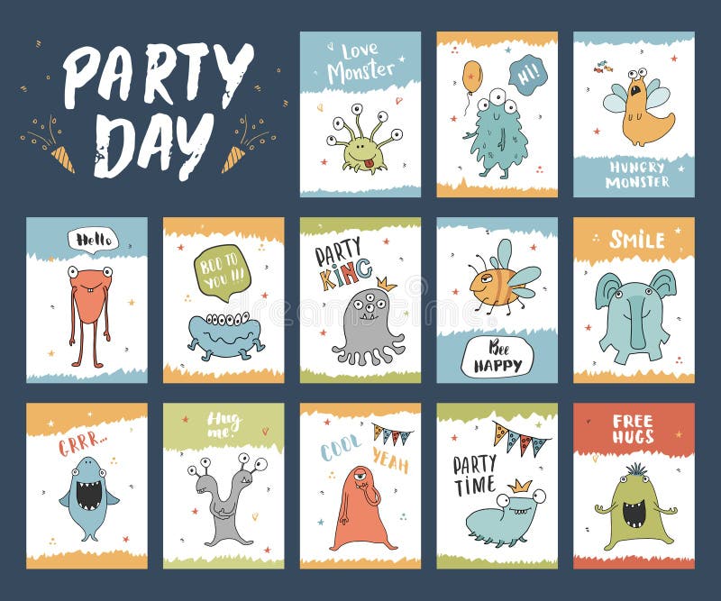 Cute Monsters Cards Set. Cartoon Monsters Collection Stock Vector ...