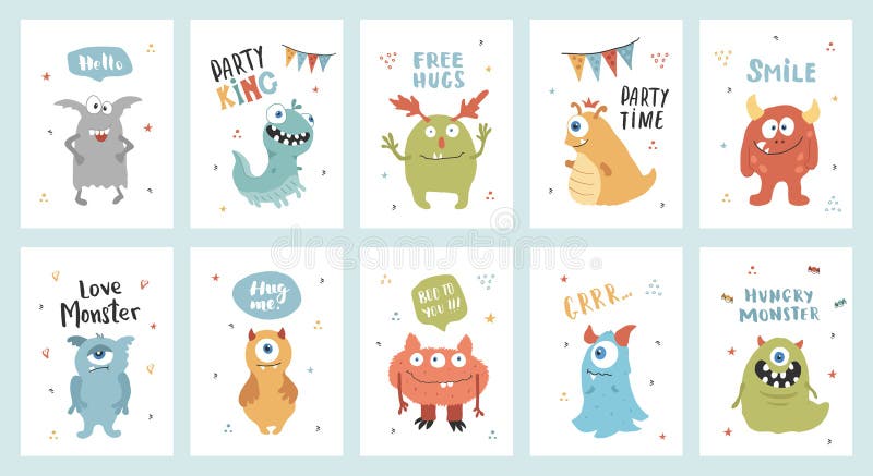 Cute Monsters Cards Set. Cartoon Monsters Collection Stock Vector ...