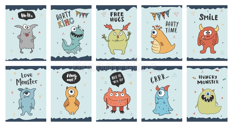Cute Monsters Cards Set. Cartoon Monsters Collection Stock Vector ...