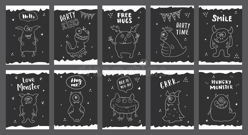 Cute Monsters Cards Set. Cartoon Monsters Collection Stock Vector ...