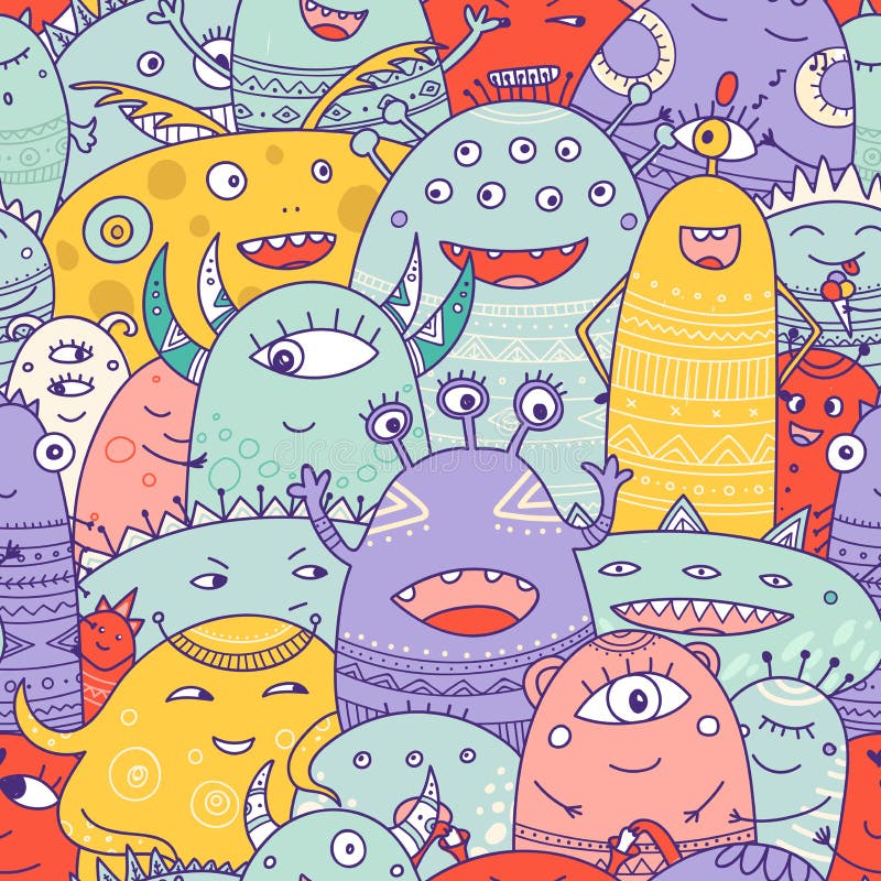 Cute Monsters Crowd Seamless Pattern in Boho Style Stock Vector ...