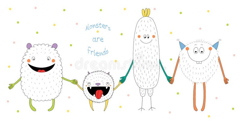 Cute Monsters Holding Hands Stock Vector - Illustration of horns, bird ...