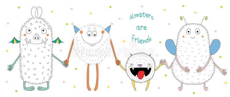 Cute Monsters Holding Hands Stock Vector - Illustration of comic ...