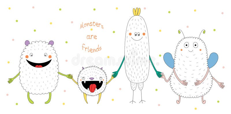Cute Monsters Holding Hands Stock Vector - Illustration of baby, child ...