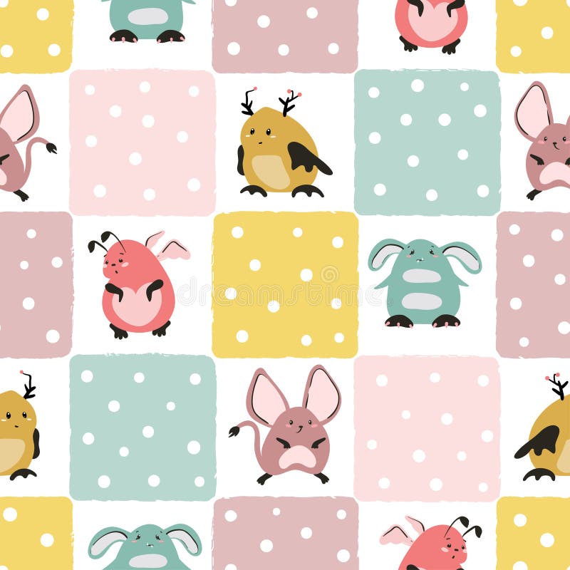 Cute Monsters Pattern. Seamless Vector Baby Print with Funny Animals ...