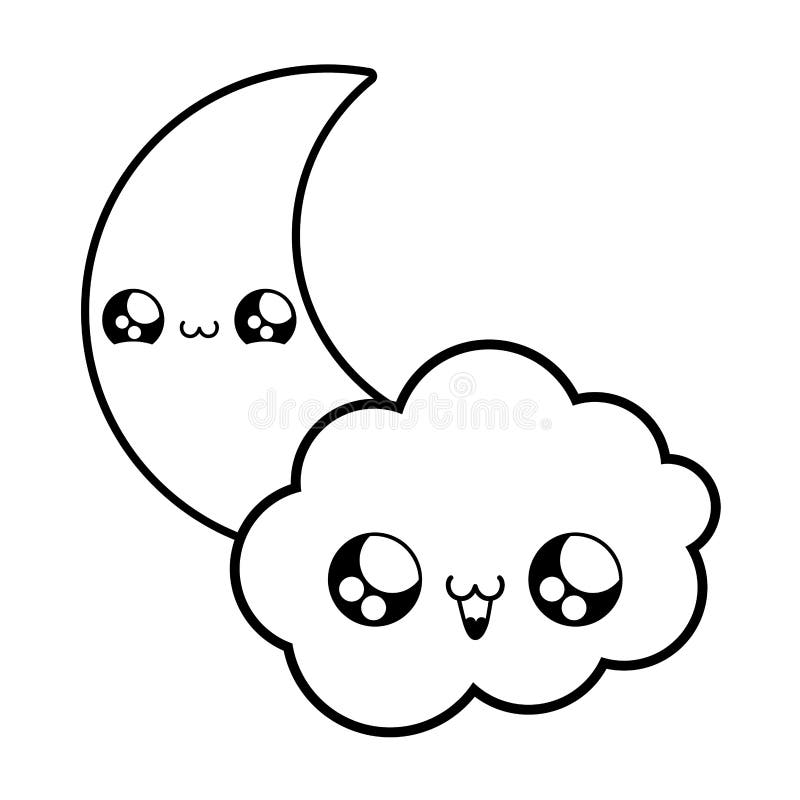 Cute Moon with Cloud Kawaii Style Stock Illustration - Illustration of ...