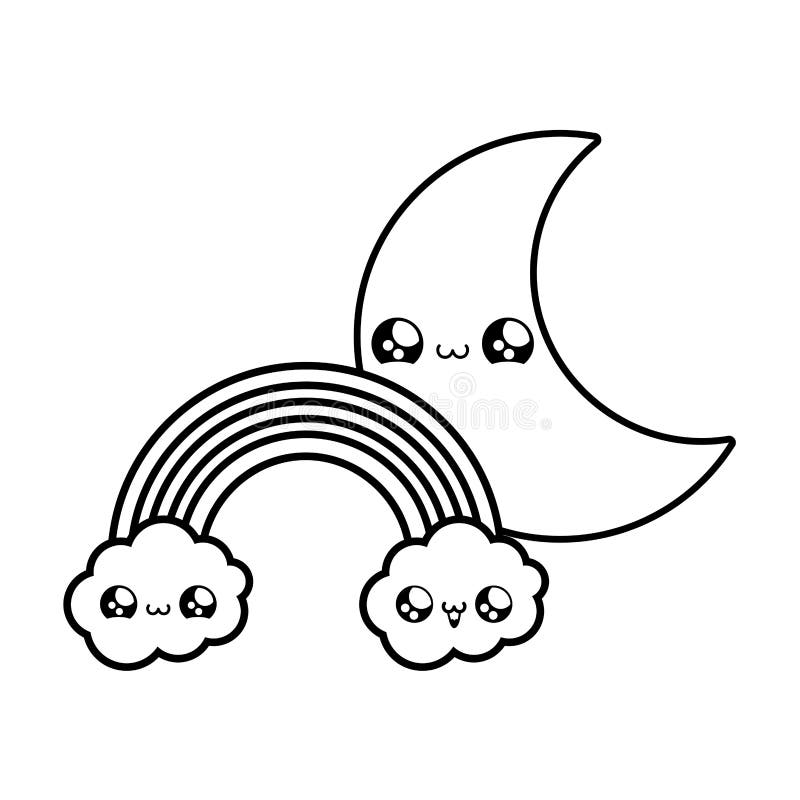Cute Moon with Rainbow in Frame Circular Kawaii Style Stock ...