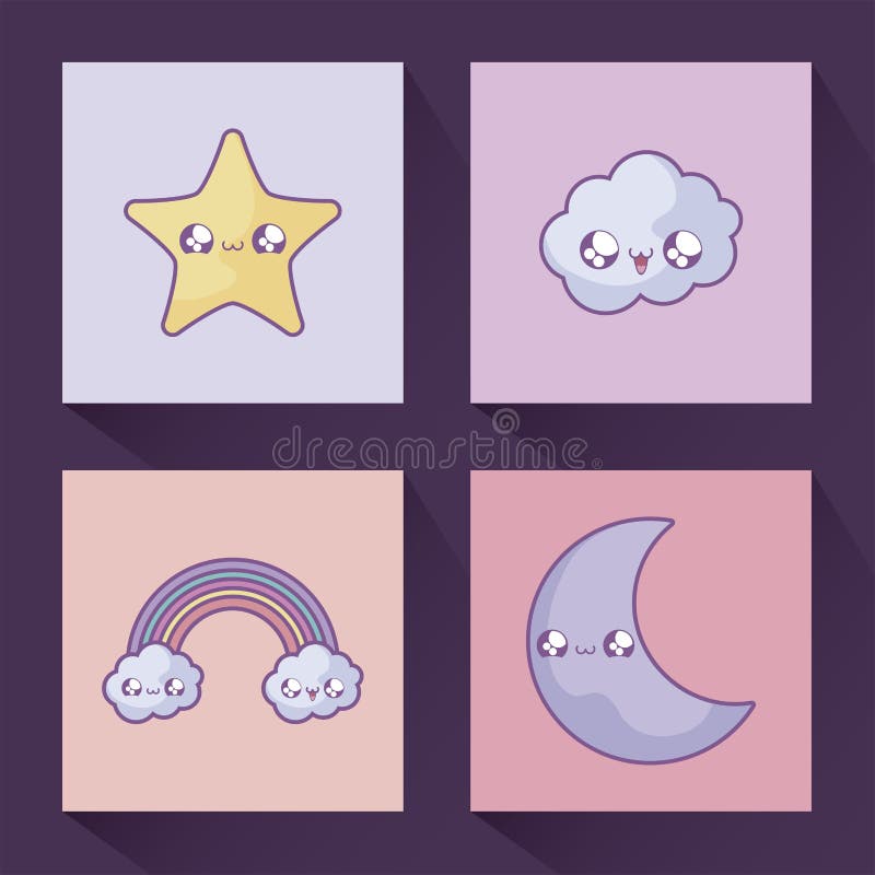 Cute Moon with Rainbow in Frame Circular Kawaii Style Stock ...