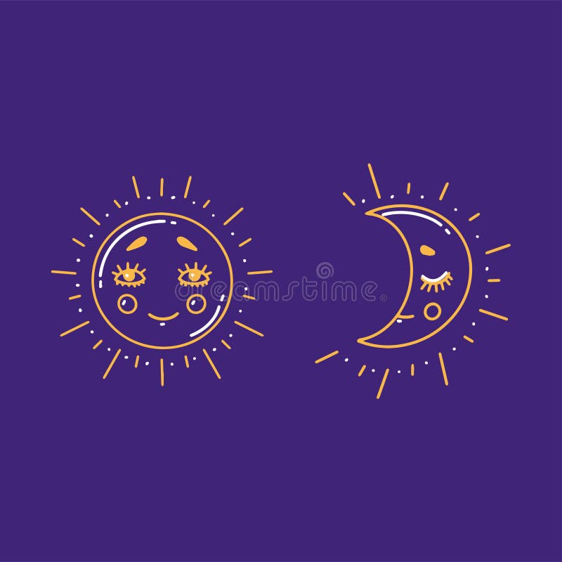Cute Moon and Sun. Hand Drawn Cartoon Vector Illustration. Stock Vector ...