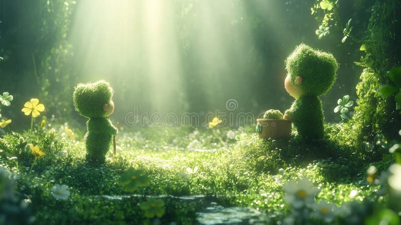 Cute Moss Creatures Interacting in a Sunlit Forest Clearing Stock ...