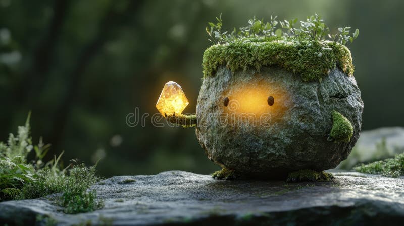 Cute Mossy Stone Creature with Glowing Light in Forest Setting Stock ...