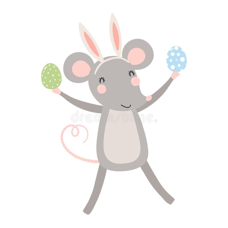 Cute Mouse with Bunny Ears, Holding Easter Eggs in Basket Character ...