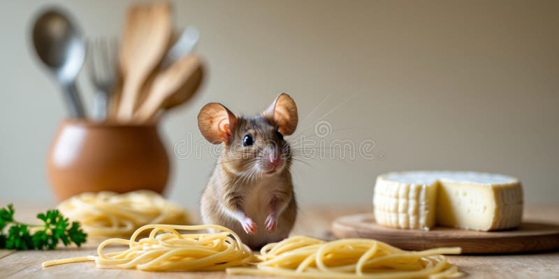 Cute Mouse with Cheese and Pasta in Warm Indoor Setting Stock Image ...