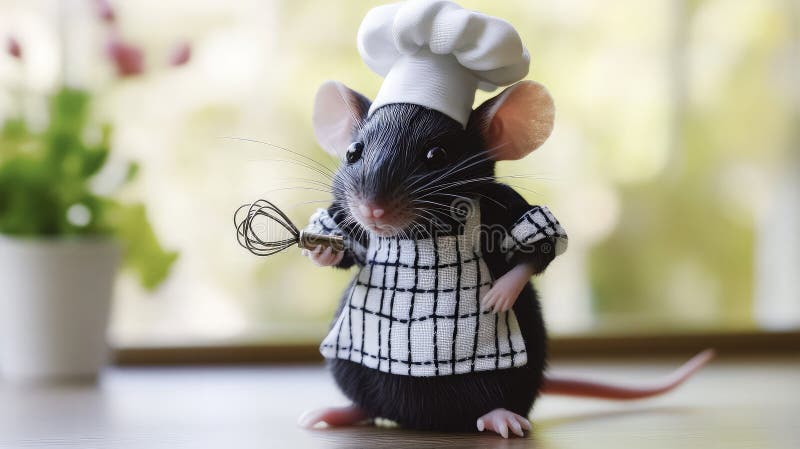A Cute Mouse Chef Dressed in a White Chef Hat and Apron Holding a Whisk ...