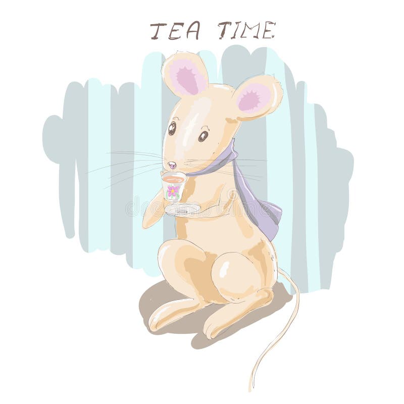 Cute Mouse Drinks from a Cup. Time To Drink Tea Stock Illustration ...