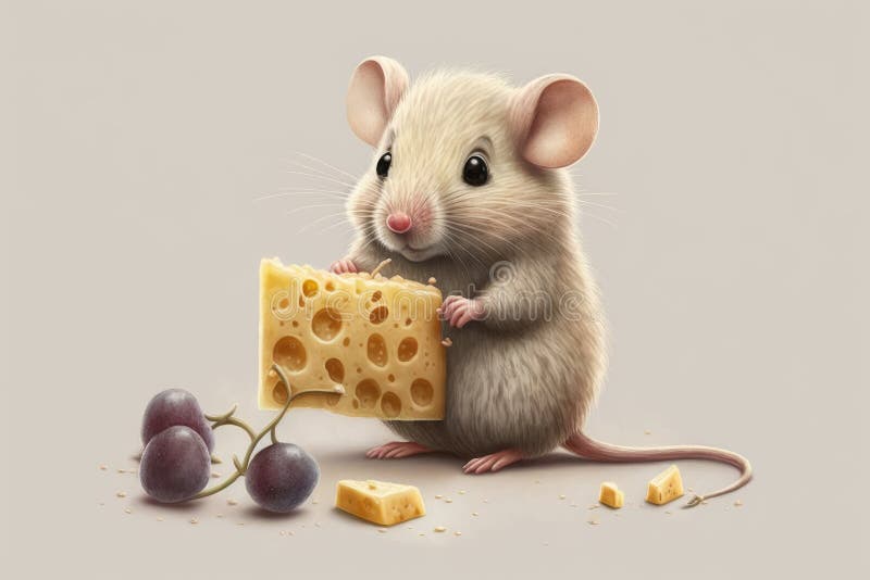 Cute Mouse Eating Cheese with Slice of Bread and Glass of Wine Stock ...