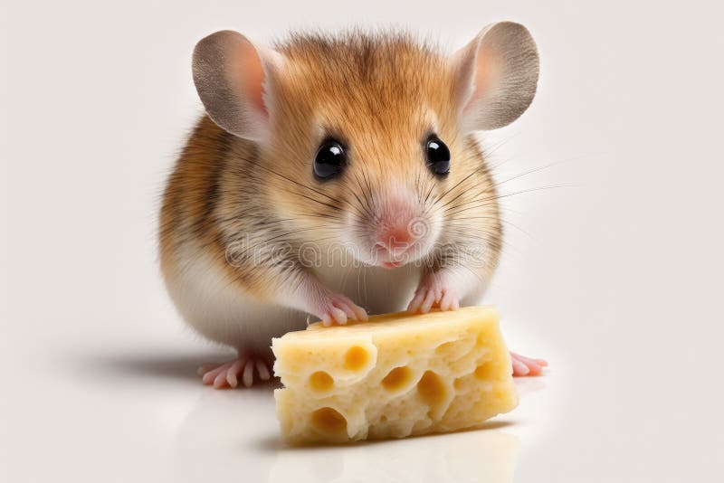 Cute Mouse Nibbling on Piece of Cheese, Surrounded by Wooden Cheese ...