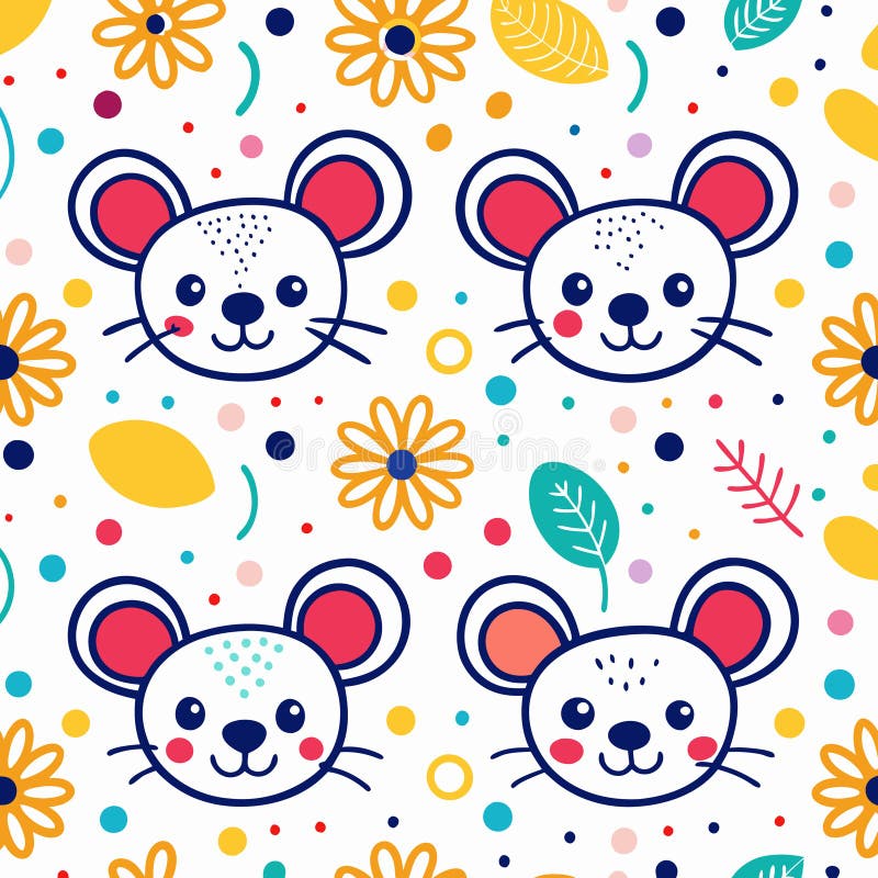 Cute Mouse Faces and Floral Seamless Pattern Stock Vector ...