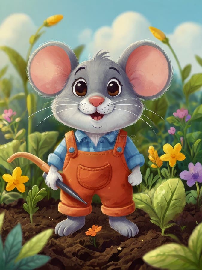 Cute Mouse Gardener Cut Plant with Pruner Art Illustration Stock Photo ...