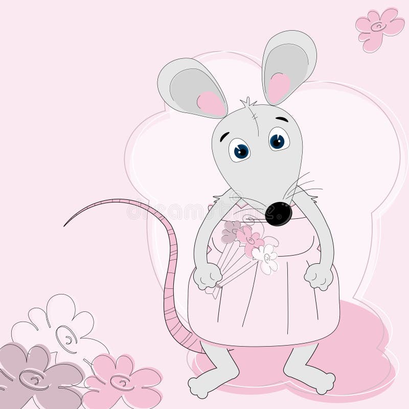 Cute Cartoon Mouse with Pink Flowers Stock Vector - Illustration of ...