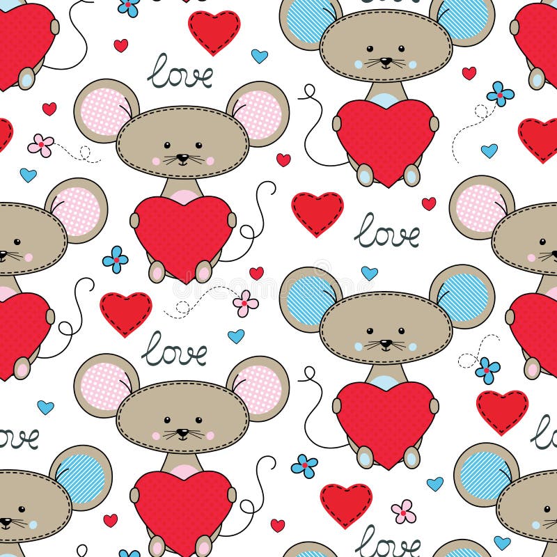 Cute Mouse with Heart Seamless Pattern Stock Vector - Illustration of ...
