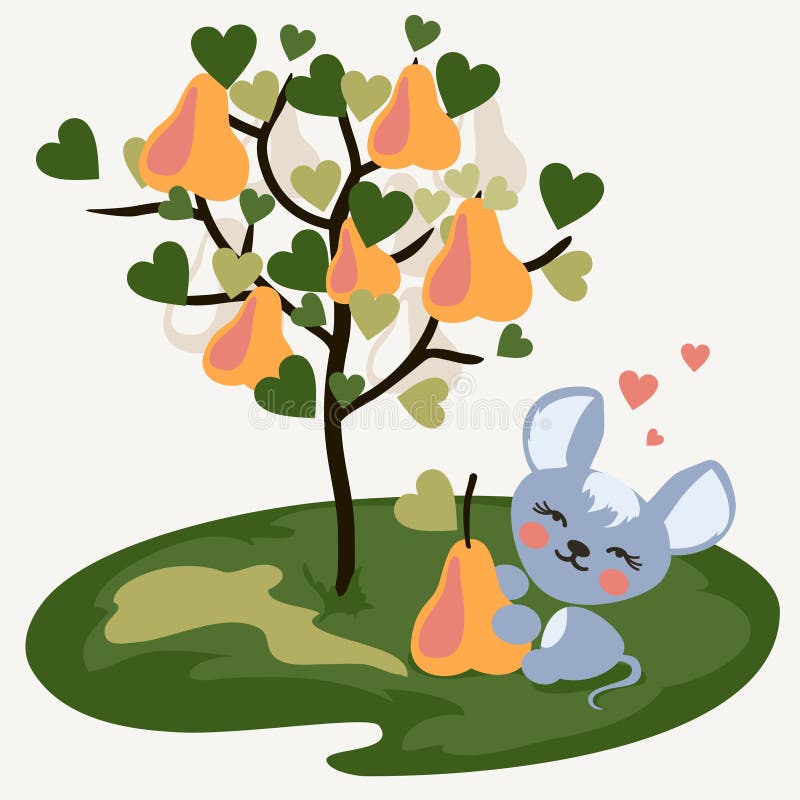 Cute Mouse Sitting on a Tree and Holding a Pear Stock Vector ...