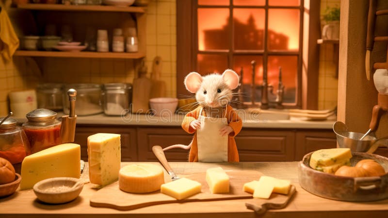 Cartoon Mouse in the Kitchen on the Table with Cheese As a Chef, Made ...