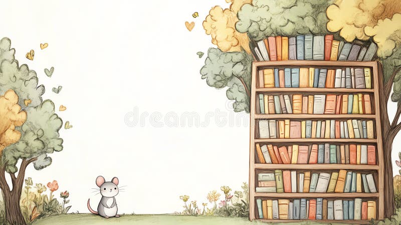Cute Mouse Near a Giant Bookshelf in Nature Stock Illustration ...
