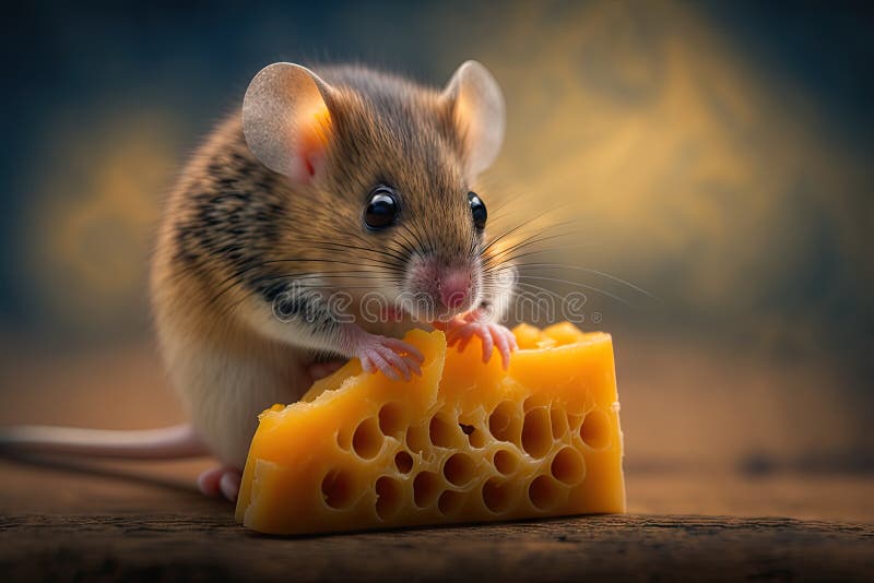 Cute Mouse Nibbling on Piece of Cheese, with Close-up Shot Stock ...