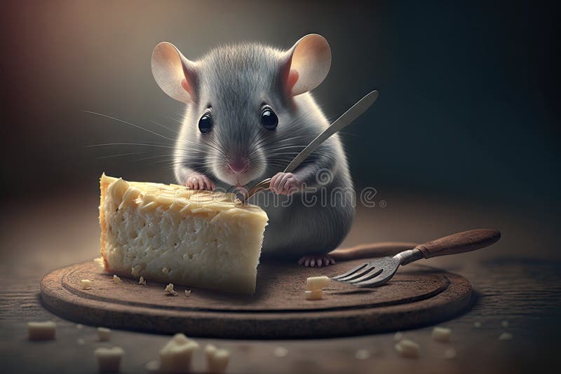 Cute Mouse Nibbling on Piece of Cheese, with Knife and Fork Nearby ...