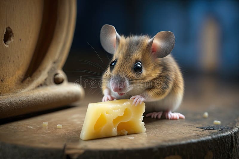 Cute Mouse Nibbling on Piece of Cheese, Surrounded by Wooden Cheese ...