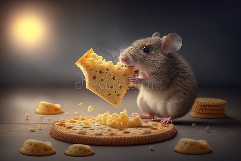 Cute Mouse Nibbling on Wedge of Cheese, Surrounded by Smashed Crackers ...