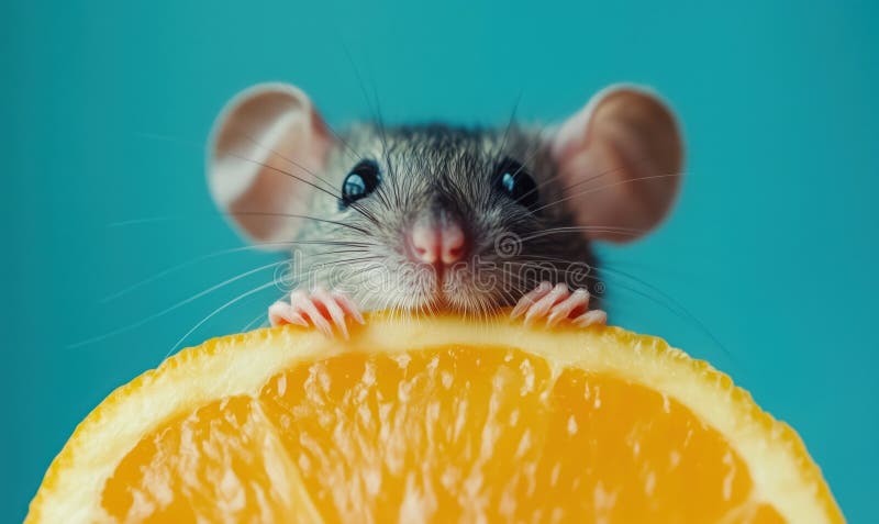 Cute Mouse Peeking Over Orange Slice with Vibrant Blue Background Stock ...