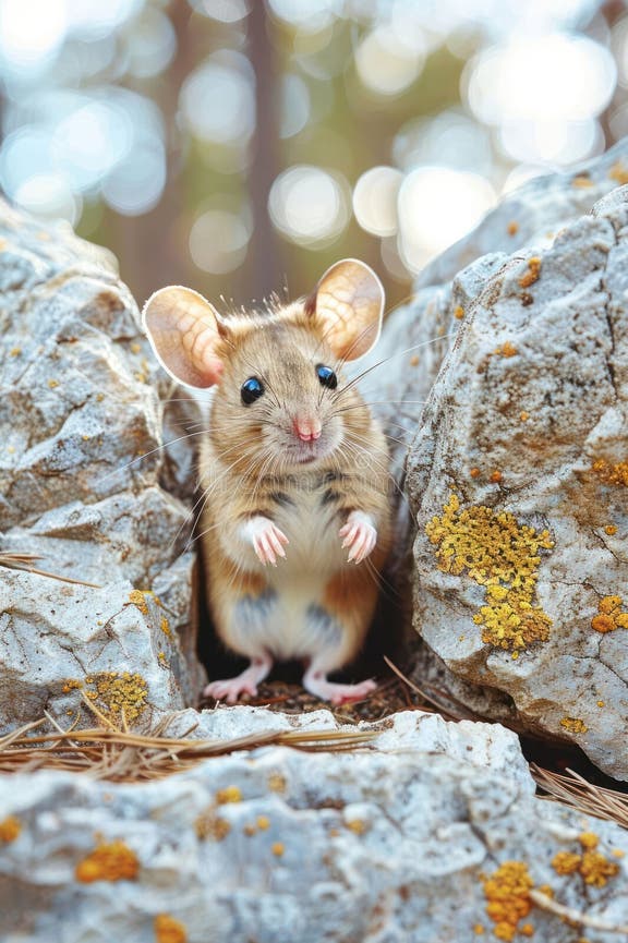 Adorable Woodland Mouse Peeking from Rocky Crevice Stock Illustration ...