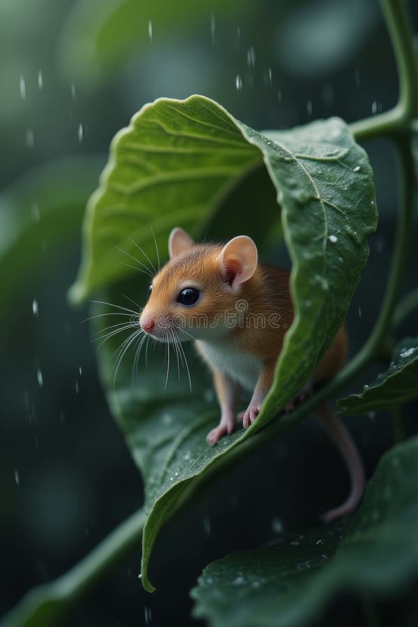 Cute Mouse Sheltering Under Leaf from Rain. Stock Photo - Image of ...