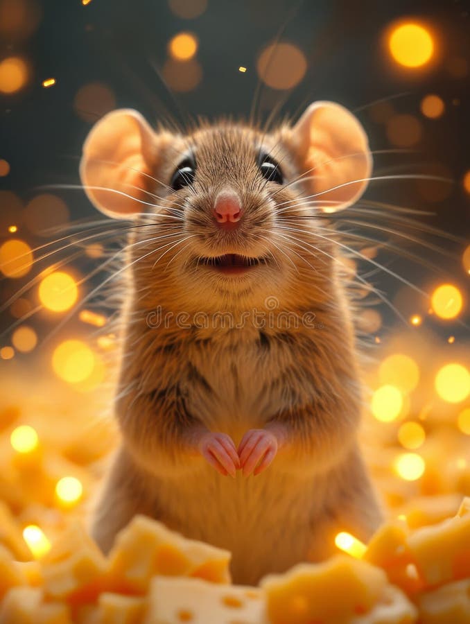 Cute Mouse Sits in the Cheese Gold Bokeh Background. a Mouse Standing ...
