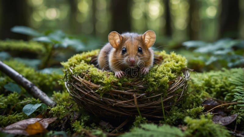 A Cute Mouse Sits in a Mossy Nest, Surrounded by Trees in a Serene ...
