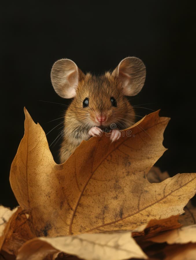 Cute Mouse Sitting Behind a Dry Leaf Stock Illustration - Illustration ...