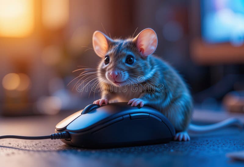 Cute Mouse Sitting on a Computer Mouse in a Cozy Room at Sunset Stock ...