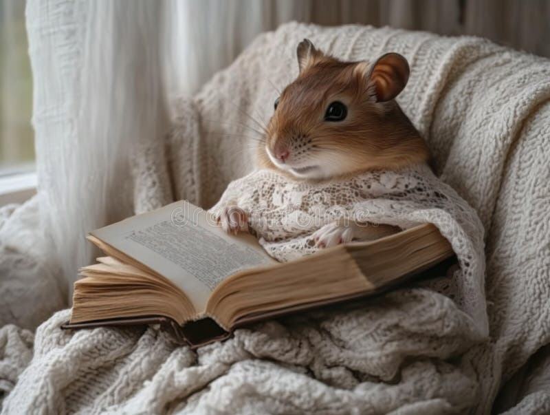 A Cute Mouse Sitting is His Warm Bed and Reading a Book Stock ...