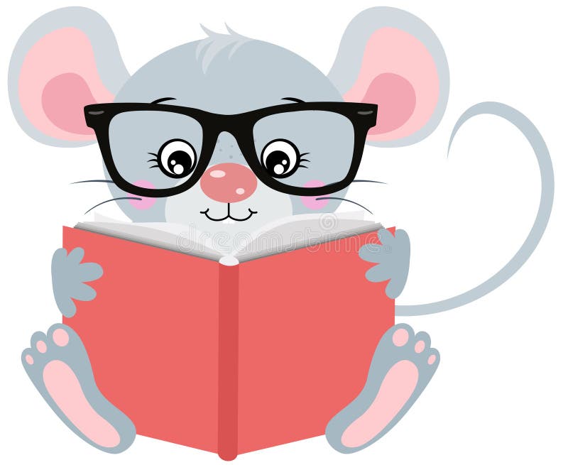 Cute Mouse Sitting Reading a Book Stock Vector - Illustration of glass ...