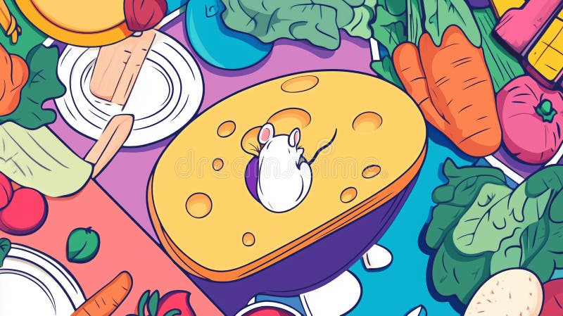 Cute Mouse Sitting in Swiss Cheese on a Colorful Table Full of ...