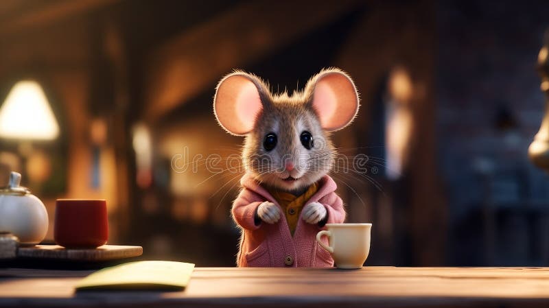 Cute Mouse Sitting on Table with Cup of Tea Illustration AI Generated ...