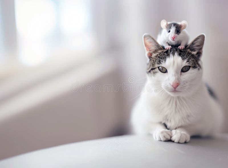 Cute Mouse Sitting on the Cat Head Stock Image - Image of face ...
