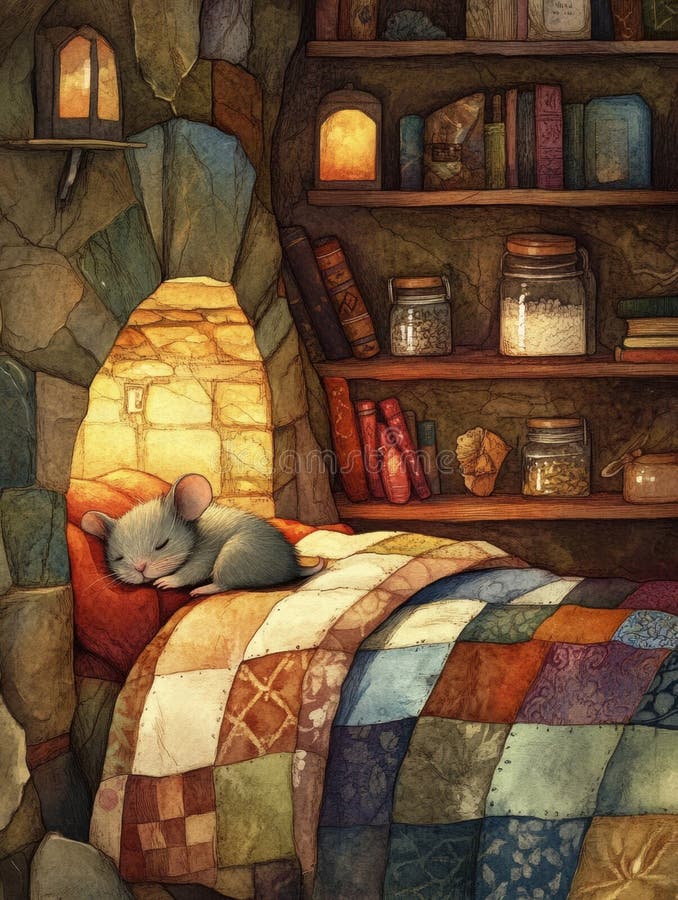 Cute Mouse Sleeping in Cozy Nook Surrounded by Warm Light and Colorful ...