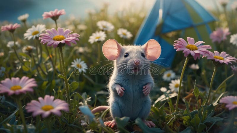 Adorable Baby Mouse in a Daisy Field Stock Illustration - Illustration ...