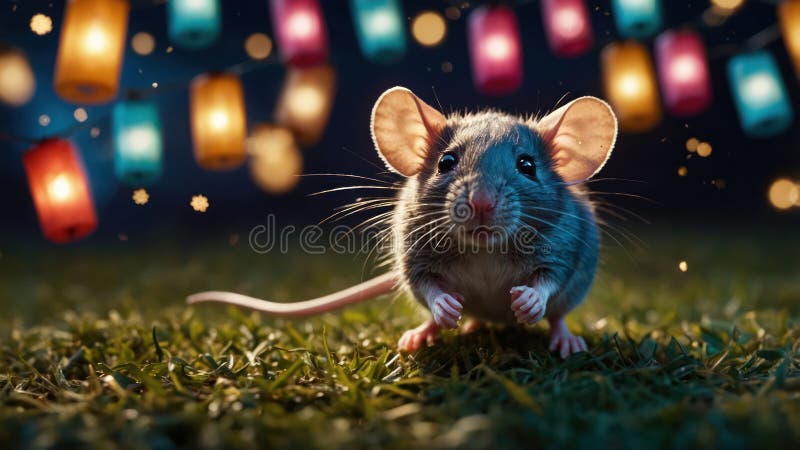 Adorable Grey Mouse in Magical Night Garden Stock Illustration ...