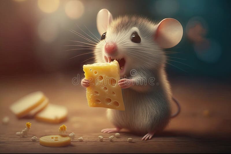 Cute Mouse Taking a Bite of Slice of Cheese, Its Whiskers Twitching ... Cute Mouse Taking a Bite of Slice of Cheese, Its Whiskers Twitching ...